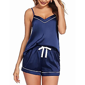 Ekouaer Cami Sleep Set Women's Premium Satin Sleepwear Casual Two Piece Pajamas Pjs Shorts Set Bridal Wedding Night (Navy,L)