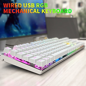 HUO JI E-Yooso Z-88 RGB Mechanical Gaming Keyboard USB Wired, Customizable RGB Backlit, Blue Switches - Clicky, Metal Panel, 104 Keys for Mac, PC, Silver+White