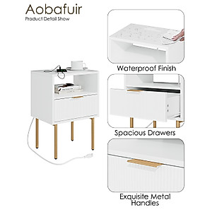 Aobafuir Nightstand with Charging Station, Drawer Dresser for Bedroom, Small Side Table with Drawer, Night Stand, End Table with Gold Frame for Bedroom, Living Room, Stripe White