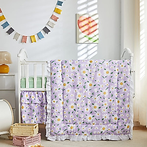 3 Pieces Crib Bedding Set Baby Ruffle Quilted Comforter with Fitted Sheet and Bed Skirt - Cute Ruffled Shabby Chic Baby Bedding Soft Blanket Design Purple with White Floral