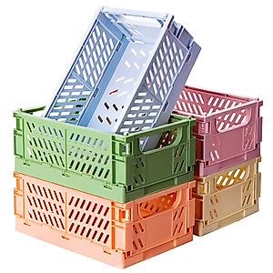 Xuanmuque 5-Pack Collapsible Plastic Storage Baskets for Organizing with Handle, Crate Bin for Desk Bedroom Office Bedroom, 9.8InL x 6.5InW x 3.8InH, Multicolor, 5 Pack