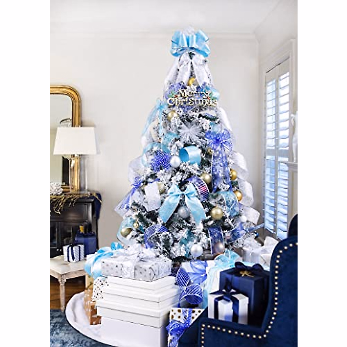 AIMUDI Blue and Silver Christmas Ribbon Wired 2.5" Ice Blue Christmas Tree Ribbon Garland 6 Rolls 36 Yards Turquoise Blue Ribbon for Christmas Tree Topper Bows, Crafts, Gift Wrapping, Wreaths