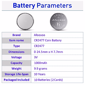 CR2477 3v Lithium Battery Coin - 10 Pack CR 2477 Batteries for Ecobee Sensor Remote Smart Thermostat Room Temperature Hidrate Spark Water Bottle Govee SmartThings Motion Detectors Thermometer Sensor