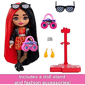 Barbie Extra Minis Doll & Accessories with Red & Black Hair, Toy Pieces Include Flame-Print Dress & Moto Jacket