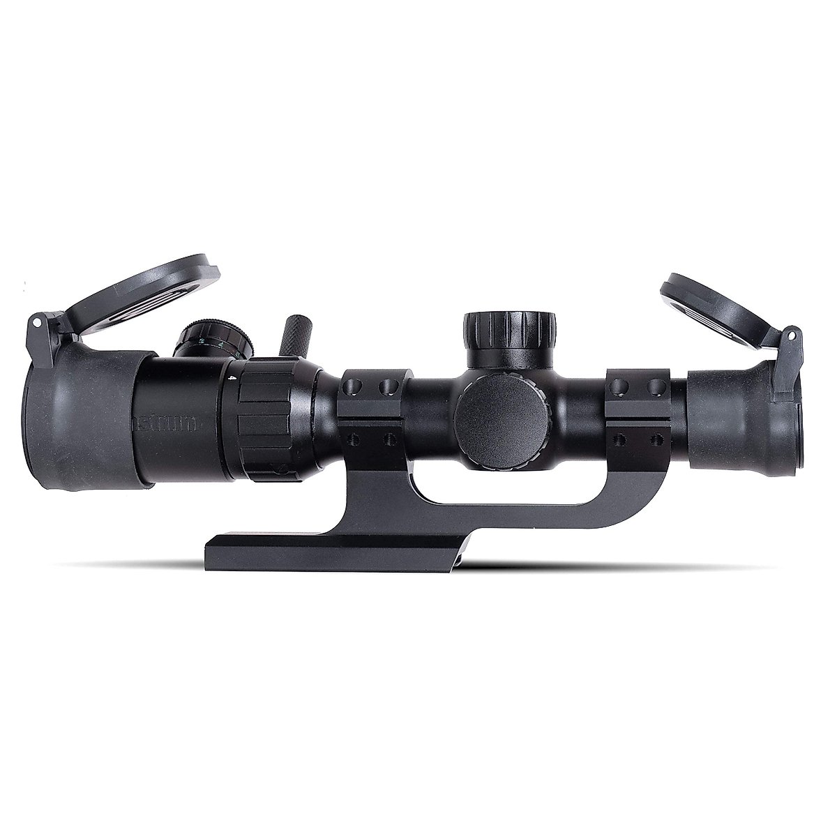 Monstrum 1-4x20 Rifle Scope with Rangefinder Reticle | ZR250 H-Series Offset Scope Mount | Monstrum Flip Up Lens Cover Set | Bundle