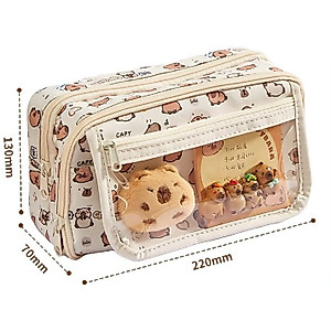 NAPIMICO Flip Top Pencil Case Cute Pencil Pouch with Kawaii Capybara Decors Makeup Bag Aesthetic Pen Holder Office Stationery (Brown)