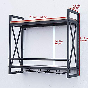 OLDRAINBOW Industrial Wine Racks Wall Mounted with 6 Stem Glass Holder,Rustic Metal Hanging Wine Holder,2-Tiers Wall Mount Bottle Holder Glass Rack (Black, 23.6in)