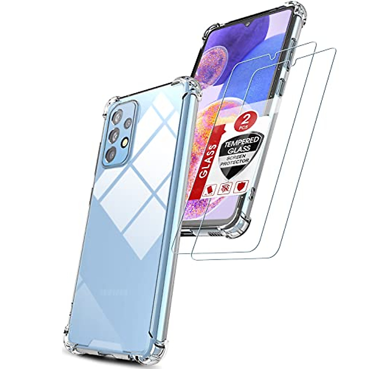 KIOMY 𝐒𝐀𝐌 𝐀𝟐𝟑 Clear Case for Samsung Galaxy A23 4G 5G with 2pcs HD Tempered Glass Screen Protectors Transparent Cover for A23 4G LTE Hybrid Hard PC Back and Flexible TPU Frame Shockproof Bumper