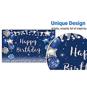 Funnytree Navy Blue Happy Birthday Party Backdrop Silver Glitter Balloons Background Boy Men Women Bday Event Favors Supplies Decoration Flag Background Selfie Photo Booth