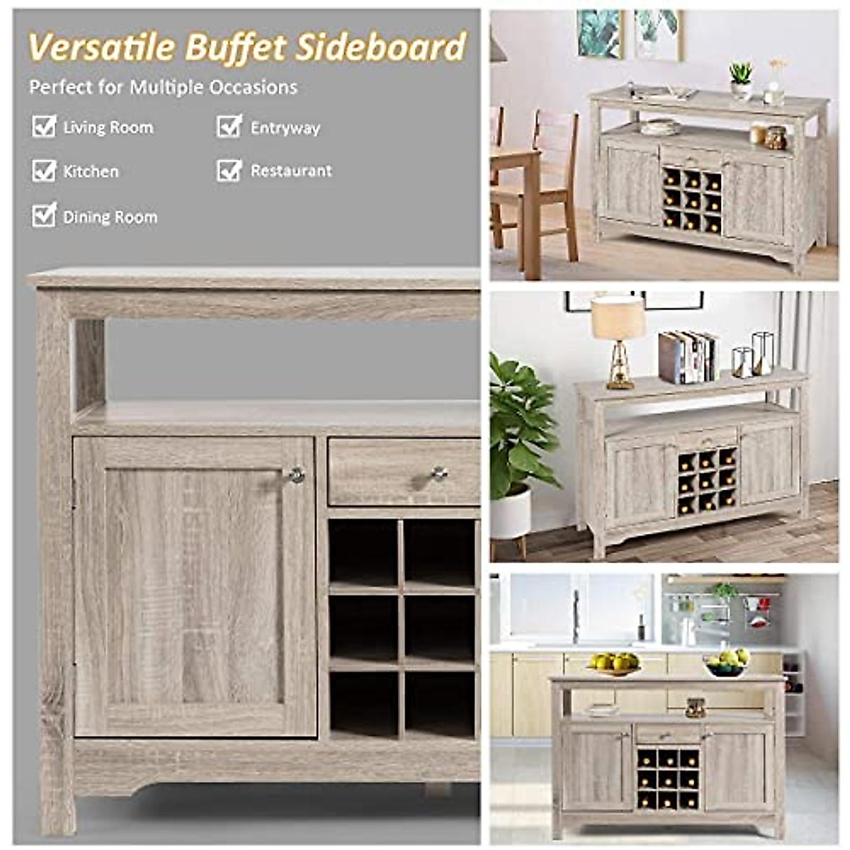ReunionG Buffet Sideboard, Wine Console Table, Wooden Kitchen Organizer w/2 Cabinets, 1 Drawer and 9 Wine Cabinets, Farmhouse Storage Cupboard, Wine Rack, Server Table, Dining Room Furniture (Gray)
