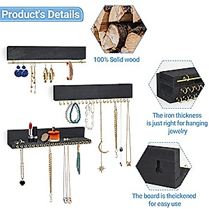Y&ME YM Large Wall Mounted Hanging Jewelry Organizer Set of 3, Wall-Mounted Wood Necklace Holder with Removable Bracelet Rod and 40 Jewelry Hooks, 16 x 2.4 x 1 inch (Grey)…
