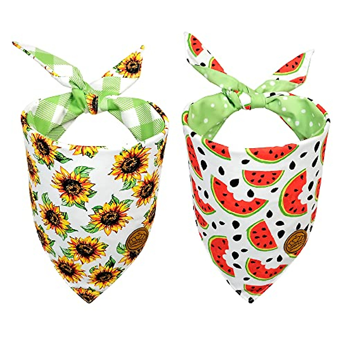 CROWNED BEAUTY Spring Summer Dog Bandanas Reversible Large 2 Pack, Watermelon Sunflower Set, Green Plaid Polka Dots Adjustable Triangle Holiday Scarves for Medium Large Extra Large Dogs Pets DB38-L
