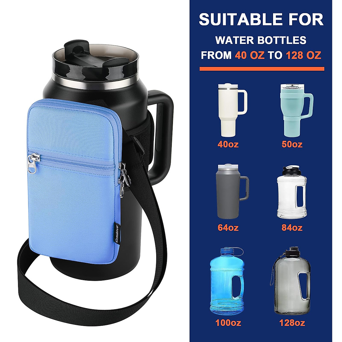 Gym Water Bottle Pouch for Stanley Tumbler with Handle, Universal Water Bottle Carrier Sling Sleeve with Strap & Pocket, Fits for A Variety of Stanley Tumbler, Gym Water Bottles for Owala, 40-128 oz