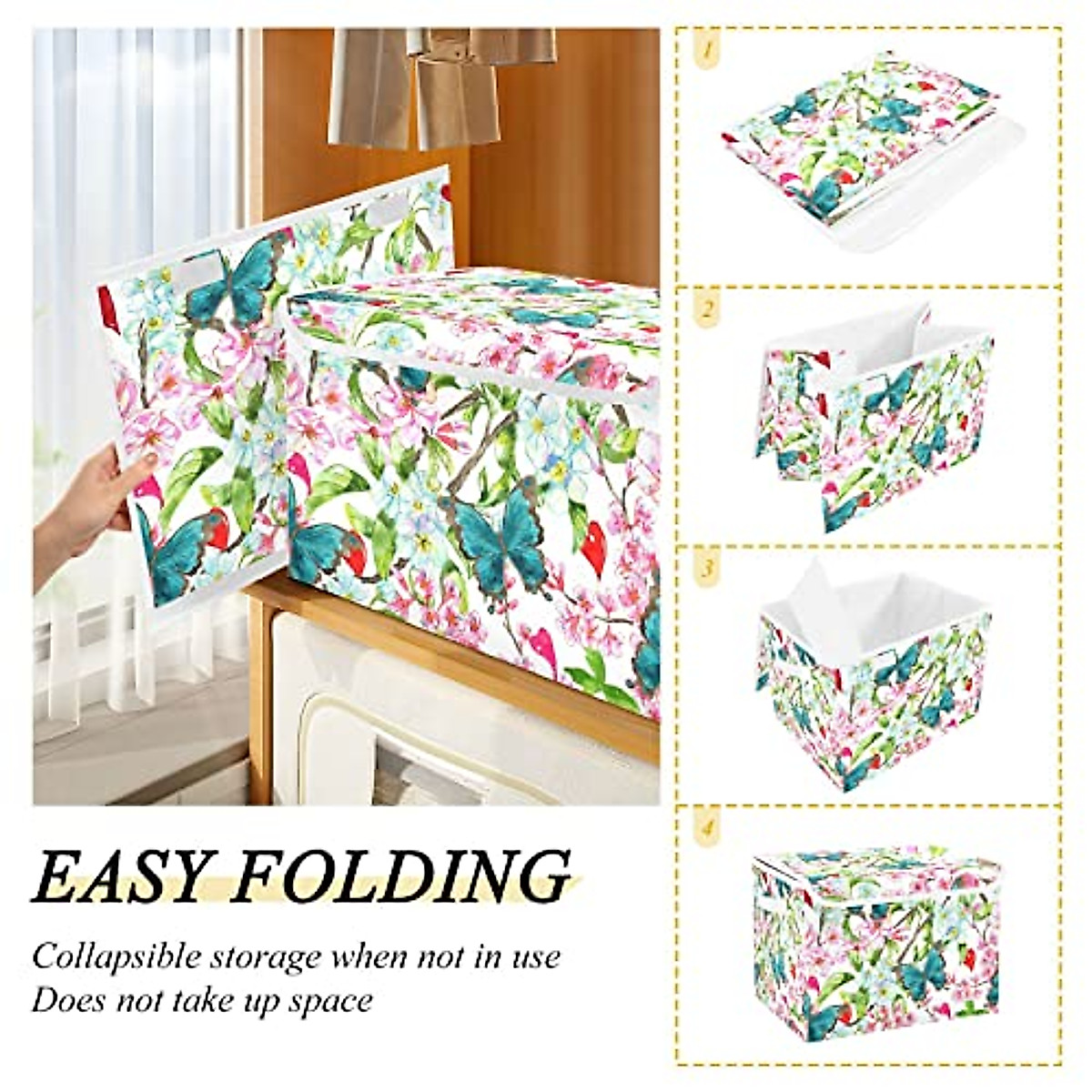 innewgogo Cherry Flowers Hearts Butterfly Storage Bins with Lids for Organizing Storage Bin with Handles Oxford Cloth Storage Cube Box for Toys