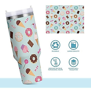 ARGTILDN 40 oz Tumbler Ice Cream Donuts Cupcakes Candy Insulated Travel Mug with Handle and Straw Lid Stainless Steel Vacuum Coffee Cup Tea Beverage Container Water Bottles for Car Sports office