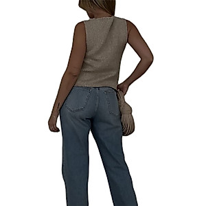 Women Crochet Knit Vest Solid Hollow Out Button Down V Neck Sleeveless Crop Tops Vintage Casual Versatile Streetwear