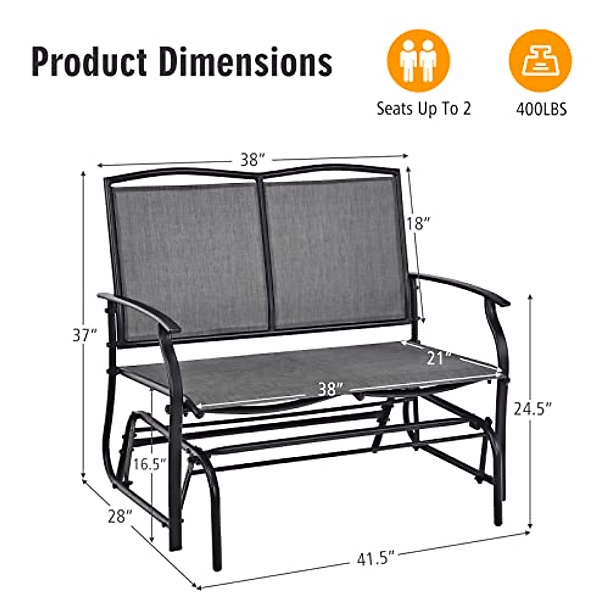 Tangkula 2-Person Patio Glider Bench, Outdoor Rocker Glider Loveseat Chair W/Heavy-Duty Steel Frame, Breathable Seat Fabric, Rocking Lounge Chair for Poolside, Garden, Backyard (Grey)