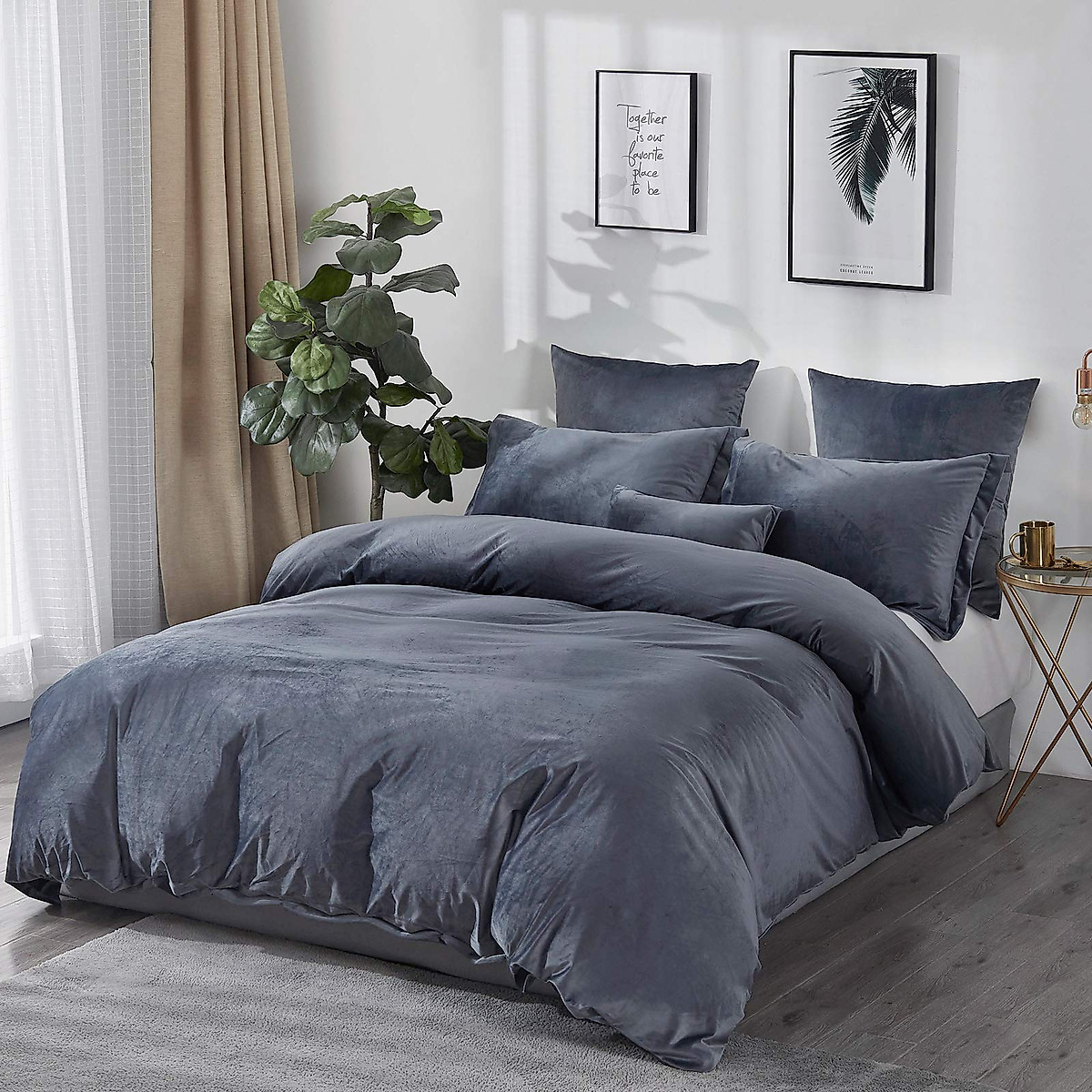 David's Home Velvet Duvet Cover Set King, Soft and Luxurious Flannel Comforter Cover 3PCS with Corner Ties, Button Closure, 106” x 92”, Greyish Blue, No Insert