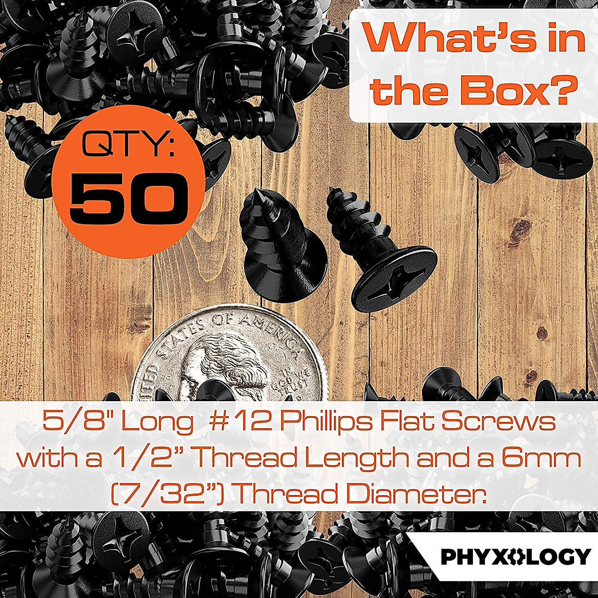 Durable #12 x 5/8" Black Phillips Head Screws 50 Pk. Versatile, Super Small, Coarse-Thread Coated Magnetic Steel Wood Screws Great for Indoor DIY Woodworking Projects, Furniture, and Handiwork