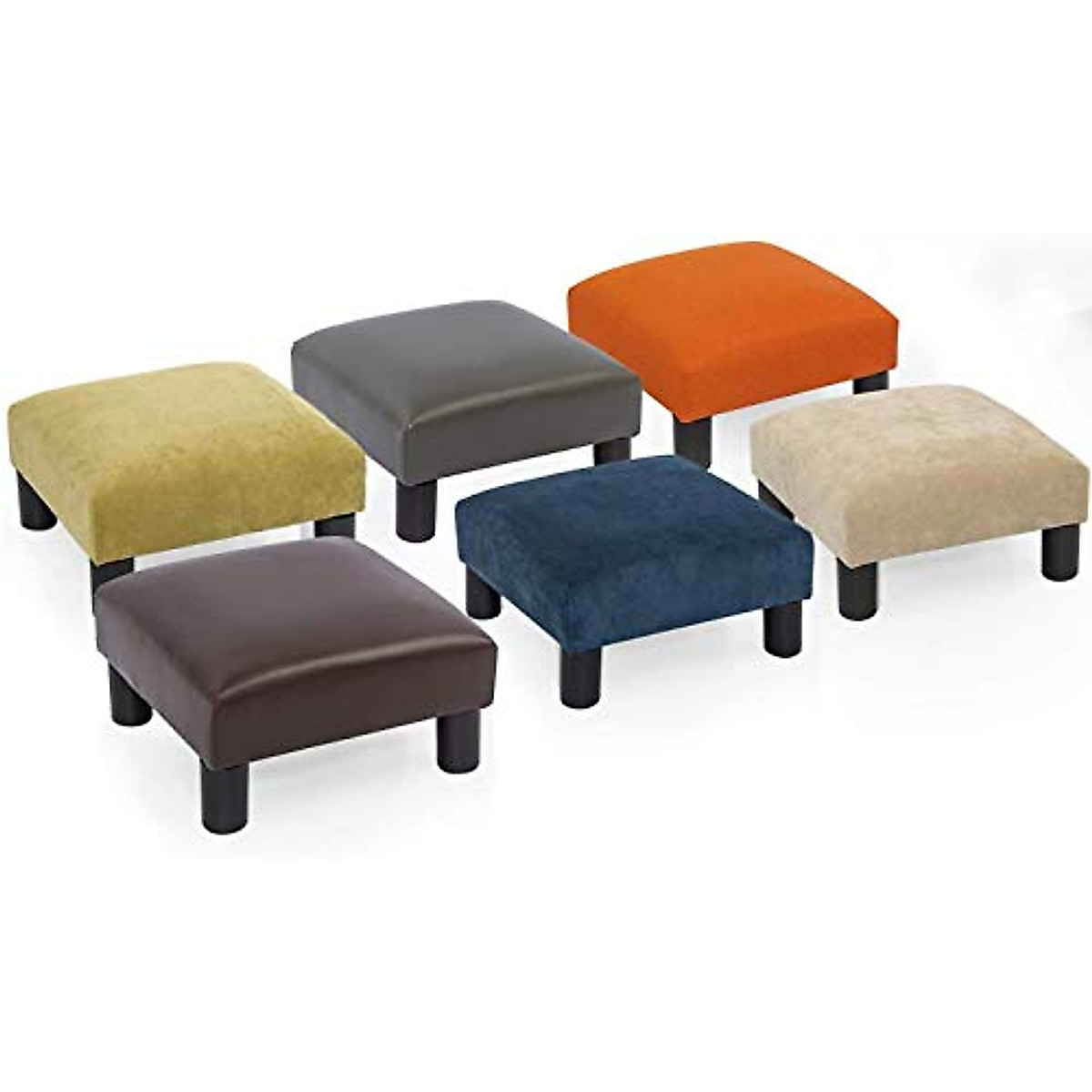 Adeco 15’’ Small Ottoman Footstools- Waterproof Brown Distressed Faux Leather Upholstered Foot Rest with Plastic Legs- Lightweight and Portable