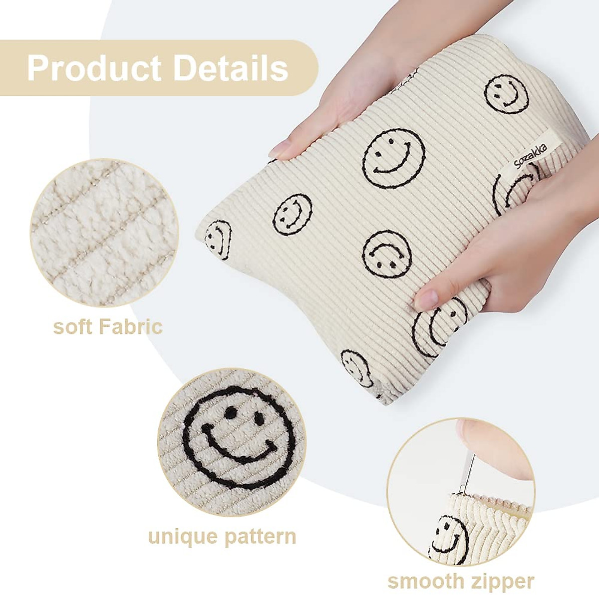 Aucuu Smile Face Cosmetic Bag, Corduroy Large Capacity Makeup Bags for Women, Smile Makeup Bags Travel Toiletry Bag Accessories Organizer