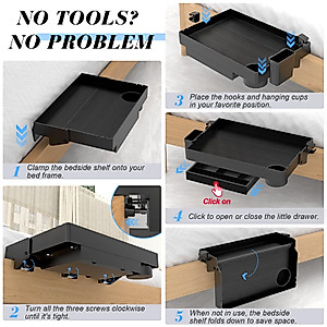 Ronlap Folding Bedside Shelf, Bunk Bed Shelf Organizer for Top Bunk Clip On Nightstand Plastic Bedside Shelf Tray for Kids with Cup Holder Hooks Hanging Cup, Plus Size with Drawer, Black