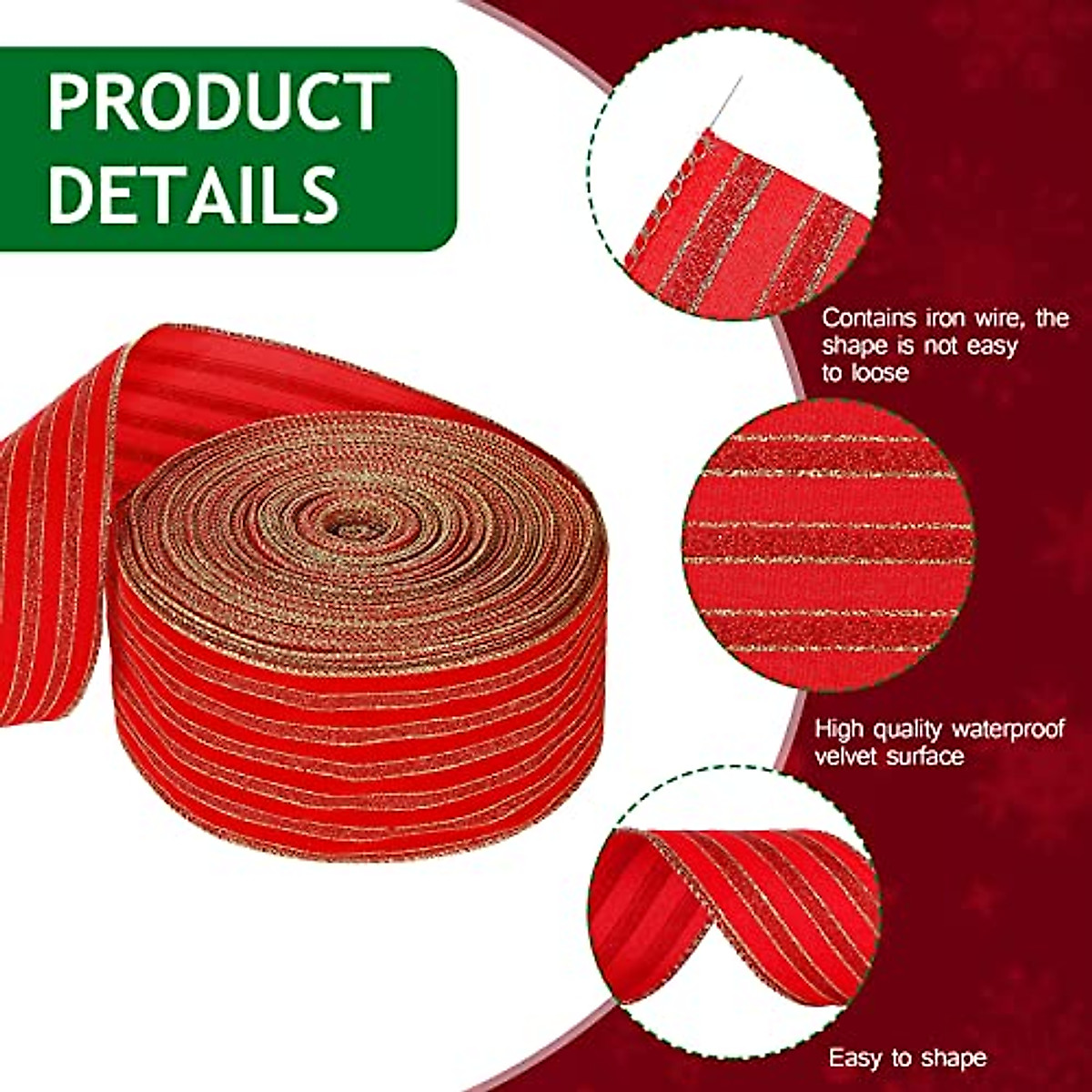 Christmas Wired Velvet Ribbon with Gold Edge, Velvet Waterproof Ribbon Wrapping Velvet Decoration Ribbon for Xmas Wreath Bows Floral Craft Ornaments, Red Stripes (4 Inch by 60 Yard)