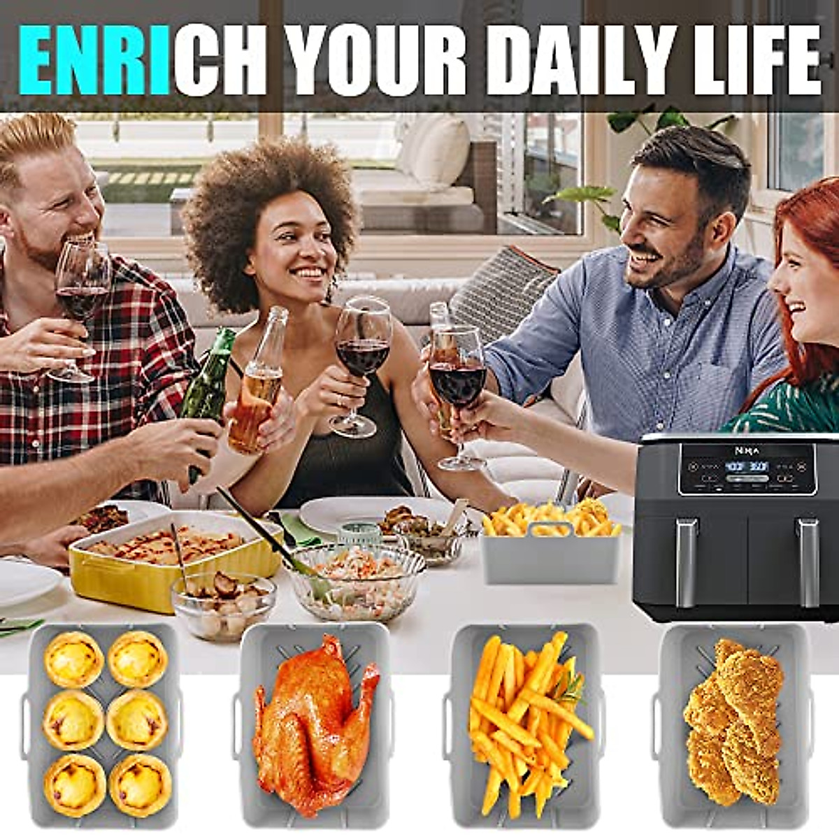 Silicone Air Fryer Liners For Ninja Foodi Dual Dz201 Dz401, Reusable Air Fryer Silicone Basket With Heat-proof Gloves, Food Grade air Fryer Silicone Pot For Ninja Foodi, Heat Non-stick Easy To Clean