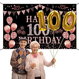 Trgowaul 100th Birthday Decorations for Women - Rose Gold 100th Birthday Backdrop Banner, Happy 100th Birthday Party Supplies, Pink 100 Years Old Birthday Sign Poster Photography Background Decor