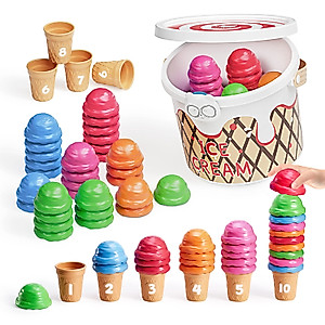 JoyCat Ice Cream Preschool Learning Activities Counting and Color Sorting Set Stacking Toys for Kids 3-5, Stacking Fine Motor Skills Toys, 65PCS Math Manipulatives Learning Resources Toys