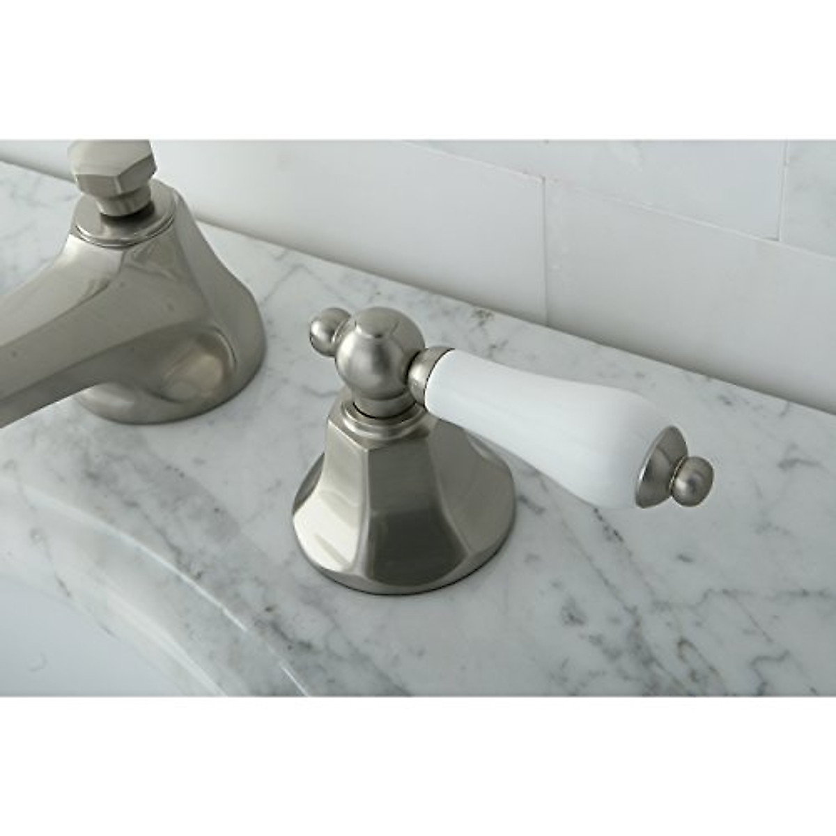 Kingston Brass KS4468PL Metropolitan Widespread Lavatory Faucet with Porcelain Lever Handle, Brushed Nickel