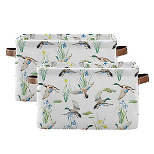 Oyihfvs Flying Mallard Ducks Yellow Blue Iris Lotus with Leaves on White 1 PC Rectangle Storage Basket Collapsible Fabric with Leather Handles Bag Organizer Clothes for Home Bedroom 15 x 11 x 9.5 in