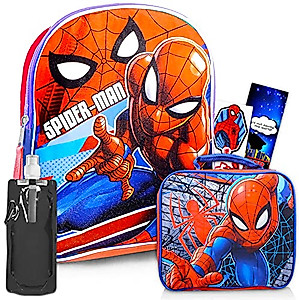 Marvel Spiderman Backpack With Lunch Box ~ 5 Pc Bundle With 15" Spiderman School Bag For Boys, Girls, Kids, Lunch Bag, Stickers, And More (Spiderman School Supplies)