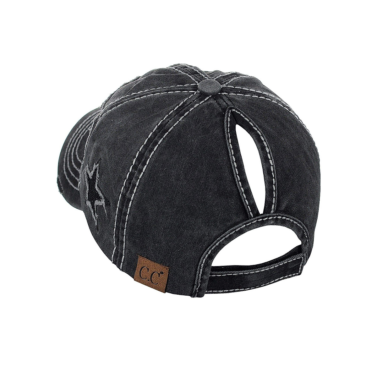 C.C Ponycap Messy High Bun Ponytail Adjustable Glitter Star Distressed Baseball Cap Hat, Black