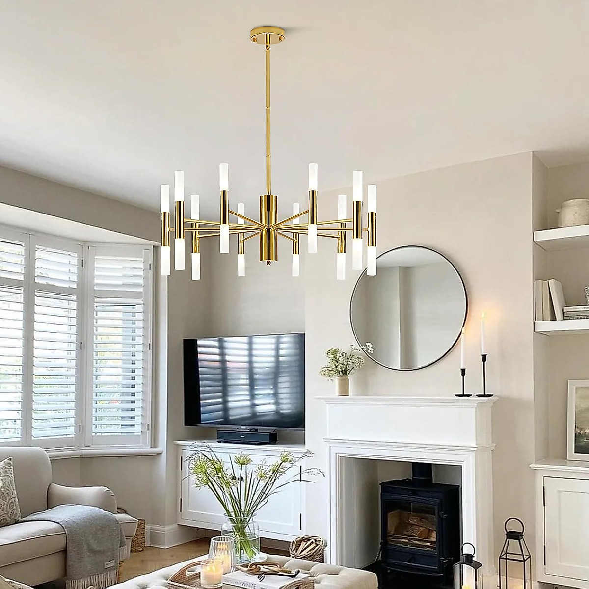 BOKT Modern Small 20-Lights LED Sputnik Chandelier Brushed Brass Gold Sputnik Chandelier Mid Century Modern Globe Wall Sconce Set of Two Plug in Cord Brushed Gold Bathroom Wall Sconce Light