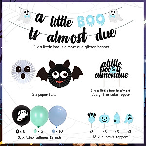 A Little Boo Is Almost Due Halloween Baby Shower Decorations for Boys - Blue Black Glitter A Little Boo Is Almost Due Banner Cake Cupcake Topper Balloons Black Bat Ghost Foil Balloons for Little Boo