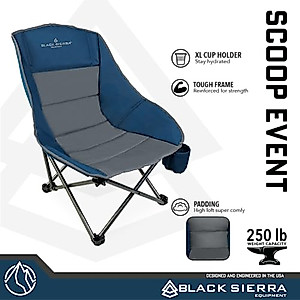 Black Sierra Deluxe Low Scoop Padded Camping Chair, Folding Event Chair with Cup Holder and Carrybag, Outdoor Portable Beach Chair Supports 250 Lbs, Event Chair, Camping Chair, Beach Chair