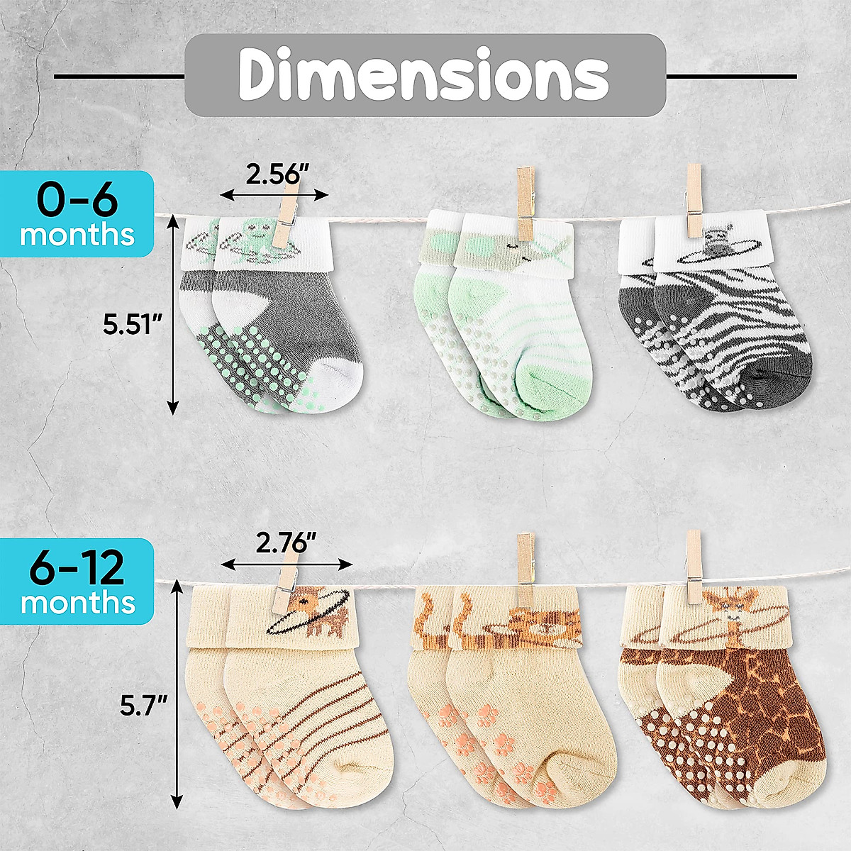 Hula Home 6-Pack Luxury Organic Cotton Blend Terry Anti-Slip Baby Socks for Infants 6-12 Months Boys and Girls, Fold-Over Cuffs and Anti-Skid Non-Slip Grips, Eco-Friendly Frustration-Free Packaging
