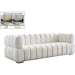 Meridian Furniture Gwen Collection Velvet Upholstered Sofa with Deep Biscuit Tufting, Cream