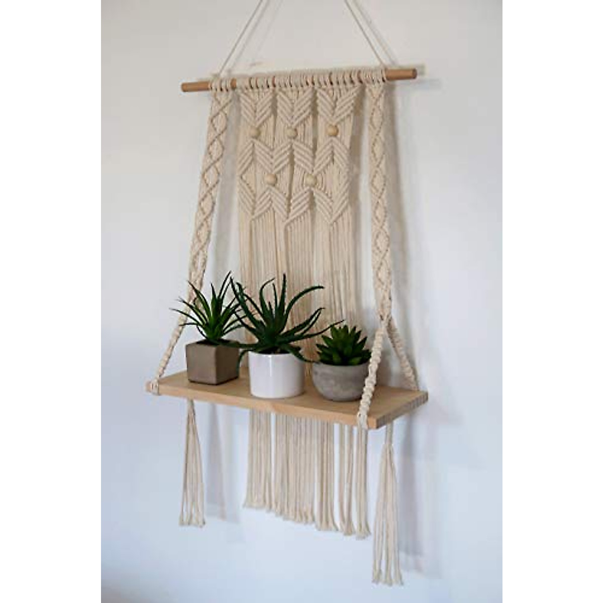 Macrame Shelf - Cute Macrame Hanging Shelf - 1 Tier Macrame Shelf Hanging Ideal for Bohemian Wall Decor to Display Plants, Artwork Pictures Books and Home Decor Items