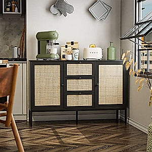 IKIFLY Rattan Sideboard Buffet Cabinet, Boho Rattan Storage Cabinet with 3 Drawers and 2 Doors, Accent Console Table Cabinet for Living Room, Kitchen, Dining Room, Entryway - Black