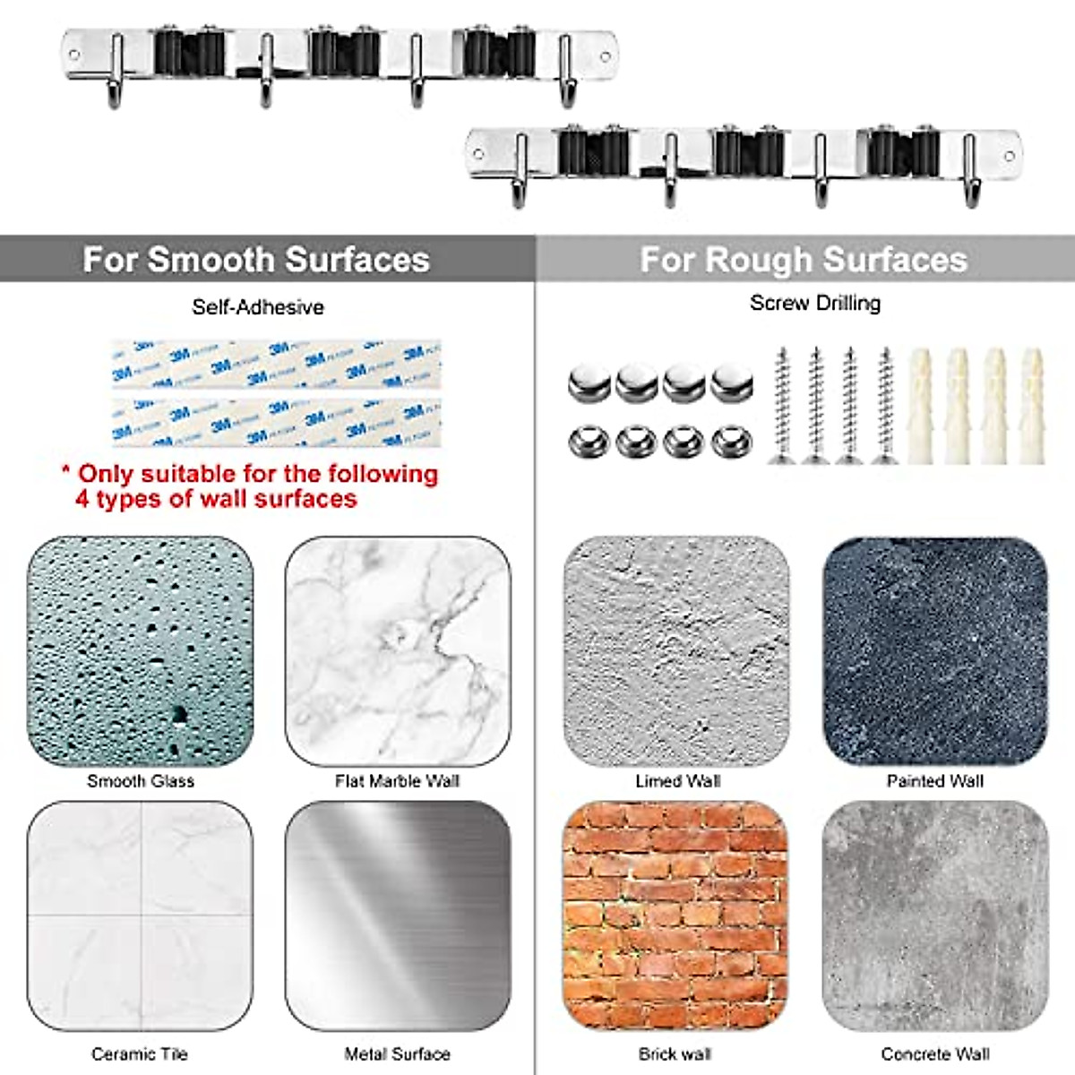 Kozci 2 Pack Mop and Broom Holder Wall Mount, Anti-Slip Broom Organizer Wall Mount Self Adhesive Broom Hanger, Stainless Steel Tools Rack Mop Storage Organizer for Kitchen Garden Garage(3 Racks 4Hook)