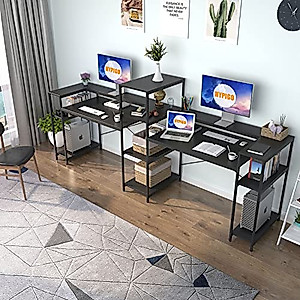 HYPIGO Two Person Computer Desk with Storage Shelves, 109 inches Extra Long Double Workstation Desk with Printer Shelf & Monitor Stand, Large Office Desk Study Writing Table for Home Office - Black