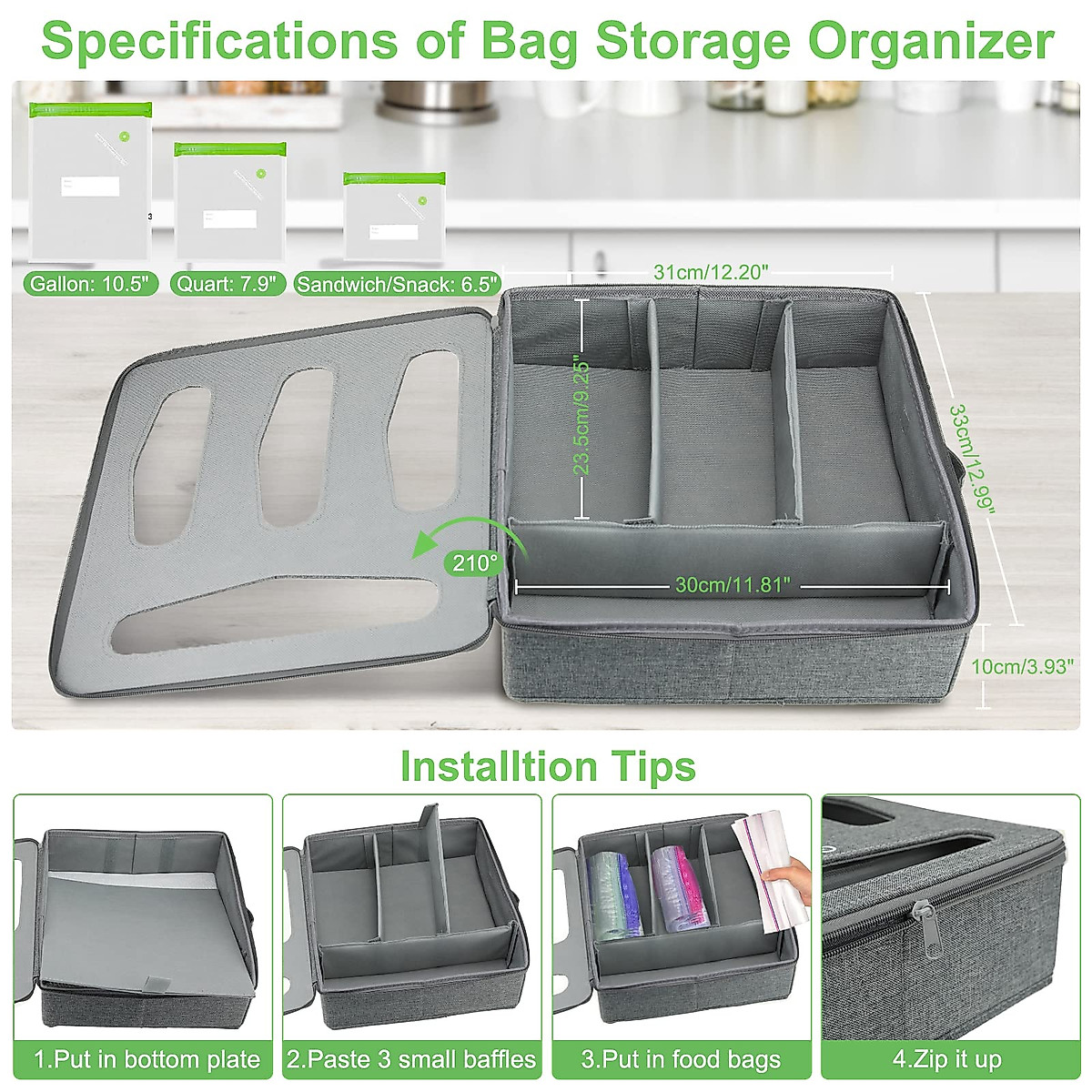 KNHUOS Ziplock Bag Organizer, Plastic Bag Organizer,Baggie Organizer,Sandwich Bag Organizer Compatible With Gallon, Quart, Sandwich & Snack Variety Size Bag (1 Box 4 Slots)