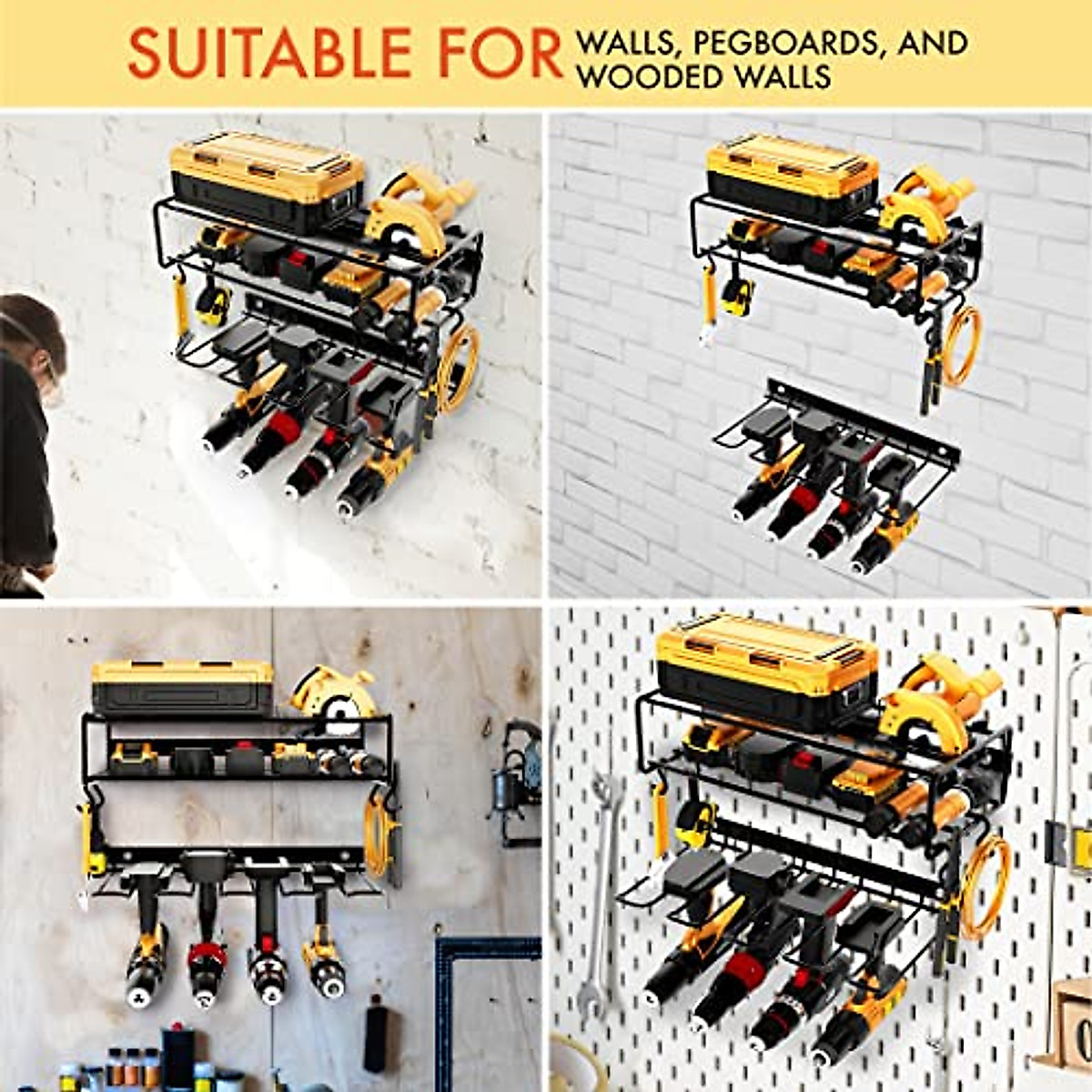PITCH + PULSE Power Tool Organizer, Garage Tool Storage Organization, Drill Holder Racks Wall Mount Floating Shelf Set for Workshop Shed Pegboard Fitted