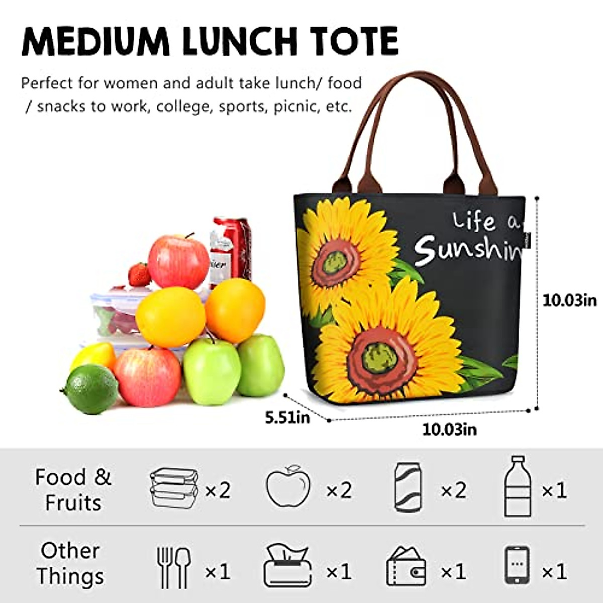 Gloppie Lunch Bag Women Insulated Womens Lunch Bag for Work Leakproof Lunch Tote Sunflower Adults Lunch Box Purse Reusable Lunch Cooler Bag Loncheras para mujer 9L