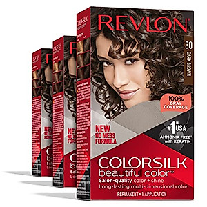 Permanent Hair Color by Revlon, Permanent Brown Hair Dye, Colorsilk with 100% Gray Coverage, Ammonia-Free, Keratin and Amino Acids, Brown Shades, 30 Dark Brown (Pack of 3)