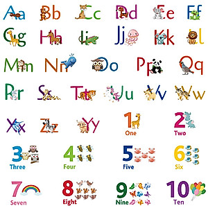 Animal Alphabet Wall Decals ABC Stickers Alphabet Number Wall Decals Wall Decals Peel and Stick Educational Classroom Wall Stickers for Kids Nursery Bedroom Living Room Playroom Decorations.
