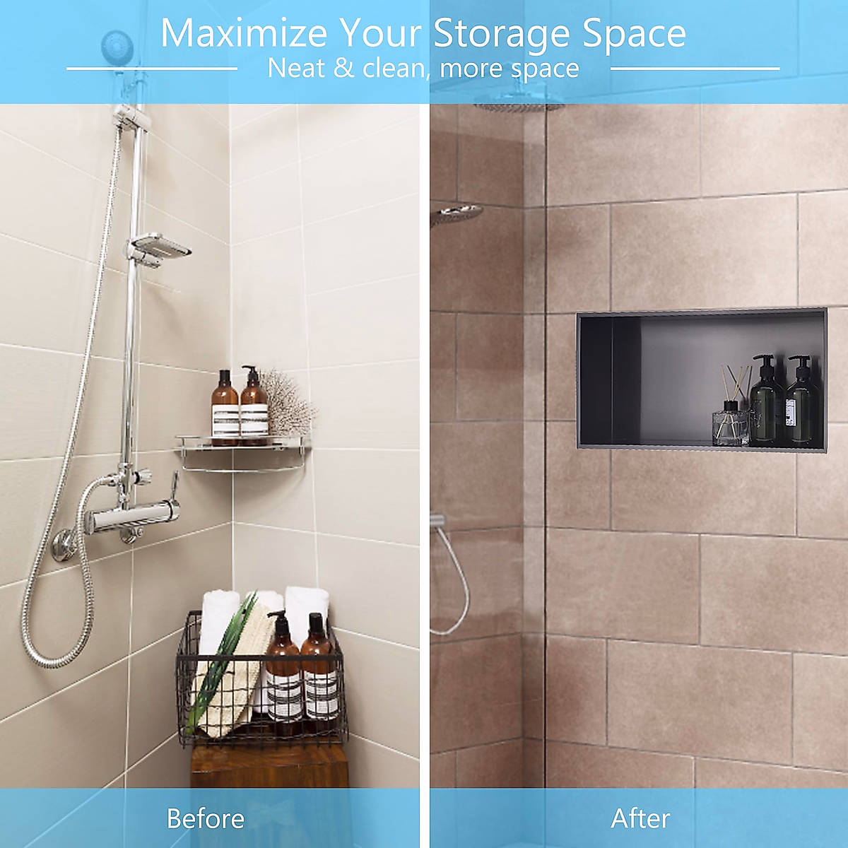 Dorzom Shower Niche 12 x 24, Stainless Steel Shower Niche Shelf No Tile Needed Recessed Shower Niche for Bathroom Storage Bathroom Niche Shelf for Shower Wall, Black