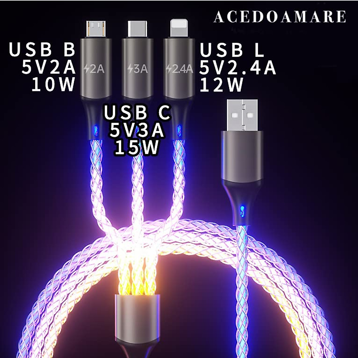 ACEDOAMARE LED Flowing Charging Cable Fast Charging Phone Charger USB C L Cable Charging Transfer Data Laptop/Tablet/Mobile Phone/Car PD Compatible (3 in 1, 3 in 1)